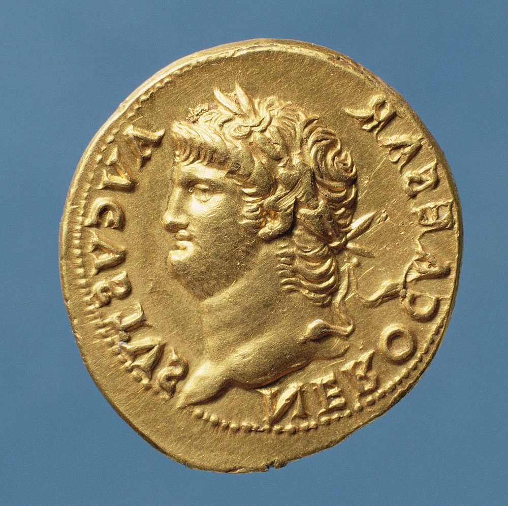 Aureo (dritto) di Nerone (54-68 d.C.) con corona d'alloro. Iscrizione: NERO CAESAR AVGVSVS